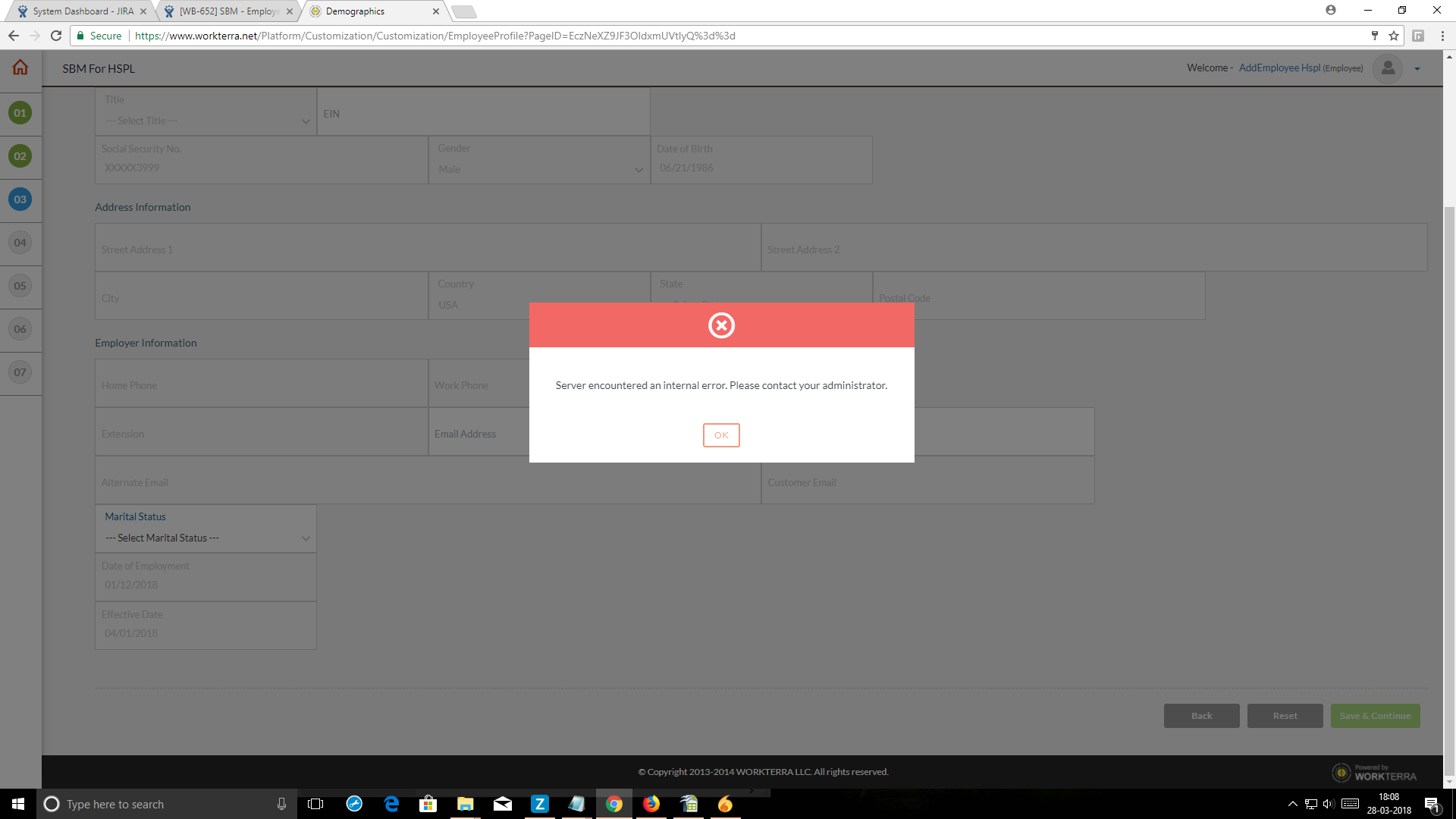 [WB-652] SBM - Employee Access - EDWIN MONTIEL MENCIAS - Server Error - Workterra Jira
